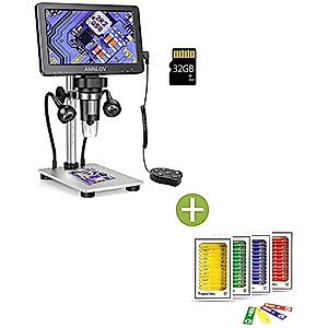 ANNLOV 7" LCD Digital Microscope with 32GB TF Card 1200X Maginfication 1080P Coin Microscope, 48Pcs Prepared Microscope Slide