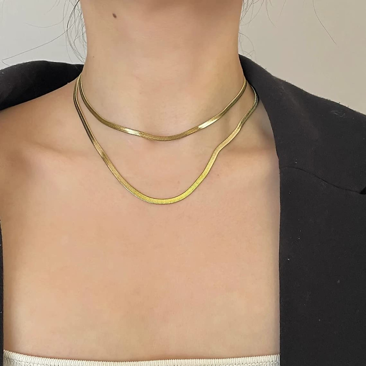 14K Gold Plated Layered Choker Necklace for Women Trendy Snake Chain Herringbone Necklace Gold Jewelry for Women Dainty Gifts for Birthday Christmas Valentine's Day Wedding