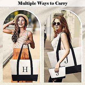 AUNOOL Tote Bag for Women - Grandma Birthday Gifts Initial Embroidery Canvas Bag Makeup Bag, Personalized Gifts for Friends Female Teacher Appreciation Gifts, Reusable Gift Bag Bridesmaids Gift, J