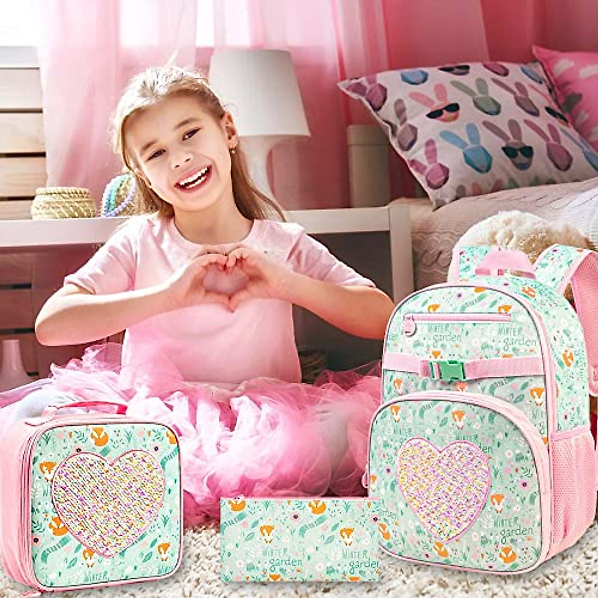 TXHVO 3PCS Kids Backpack for Girls, 16” Preschool Bookbag with Lunch Box, Cute Girl Sequin Backpacks for Elementary School