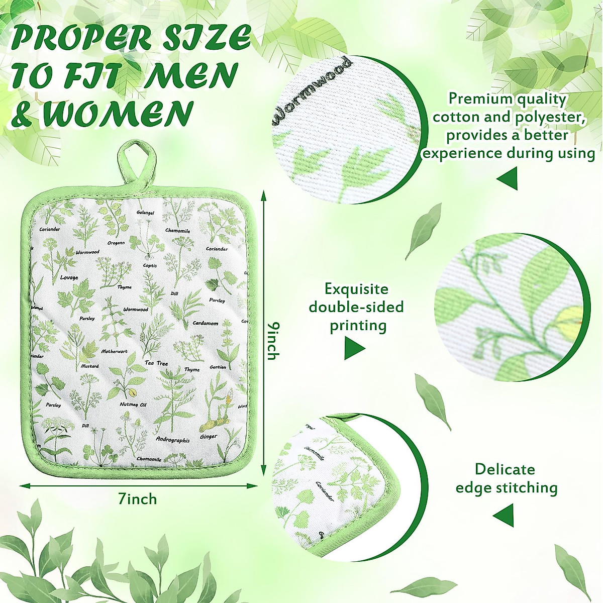 Cunhill 4 Pcs Oven Mitts and Pot Holders Set Sage Green High Heat Resistant 300 Degree Heat Spring Kitchen Cotton Oven Glove with Hanging Loops for Baking Cooking BBQ