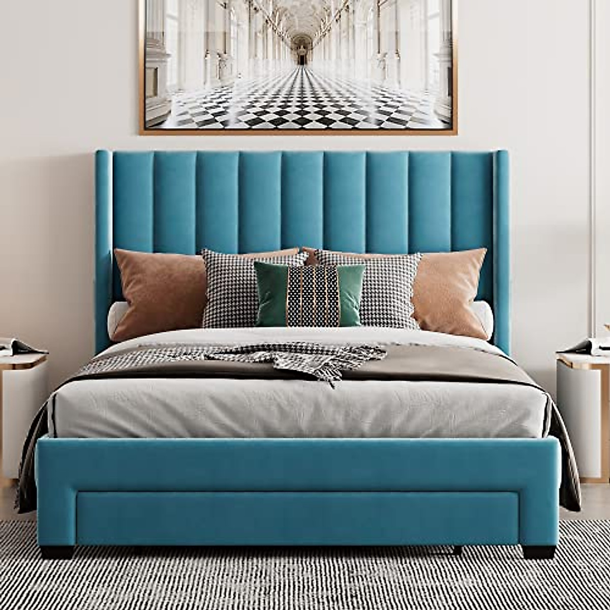 Prohon Queen Bed Frame with Wingback Headboard and A Big Storage Drawers on Endbed, Velvet Upholstered Platform Bed w/Wood Slats Support Mattress Foundation,No Box Spring Needed,Easy to Install,Blue