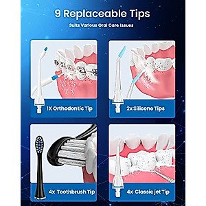Water Dental Flosser with Electric Toothbrush Combo, Cordless Water Flosser for Teeth, Gums, Braces Care, with 6 Modes & 3 Sonic Modes, Oral Care Kit with 4 Brush Heads & 4 Jet Tips, IPX7 Waterproof