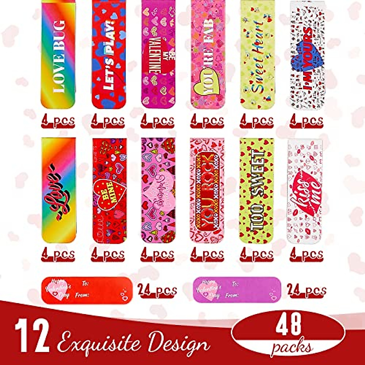 48 Pack Valentine's Day Magnetic Bookmark for Kids Women with 48 Valentine's Stickers Assorted Stationery Rewards Gifts in 12 Different Designs Book Reading Accessories Classroom Party Supplies