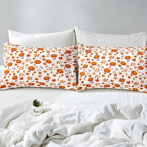 Happy Fall Fitted Sheet Halloween Autumn Pumpkin Bed Sheets Queen,Cute Fall Flowers Maple Leaf Bedding Set Thanksgiving Sheet Set Gifts For Kids Boys Girls Fall Home Bedroom Decor Flat Sheet 4 Pcs