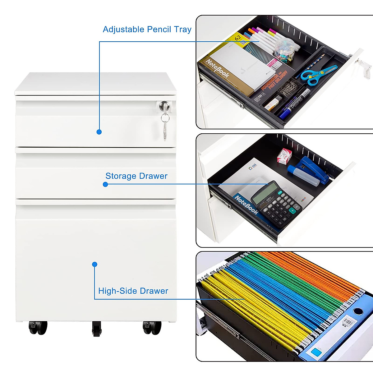 PACHIRA E-Commerce Mobile File Cabinet with 3 Drawers Heavy Duty 19.69" D x 15.35" W x 23.62" H, Fully Assembled, Filing Cabinet Vertical File Under Desk for Legal/Letter/A4 File, White