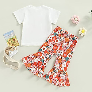 KOSUSANILL Two Groovy Outfit Toddler Baby Girl Short Sleeve Floral Shirt Top Flower Bell Bottom Pants 2PCS Baby Summer Clothes (White, 1-2 Years)