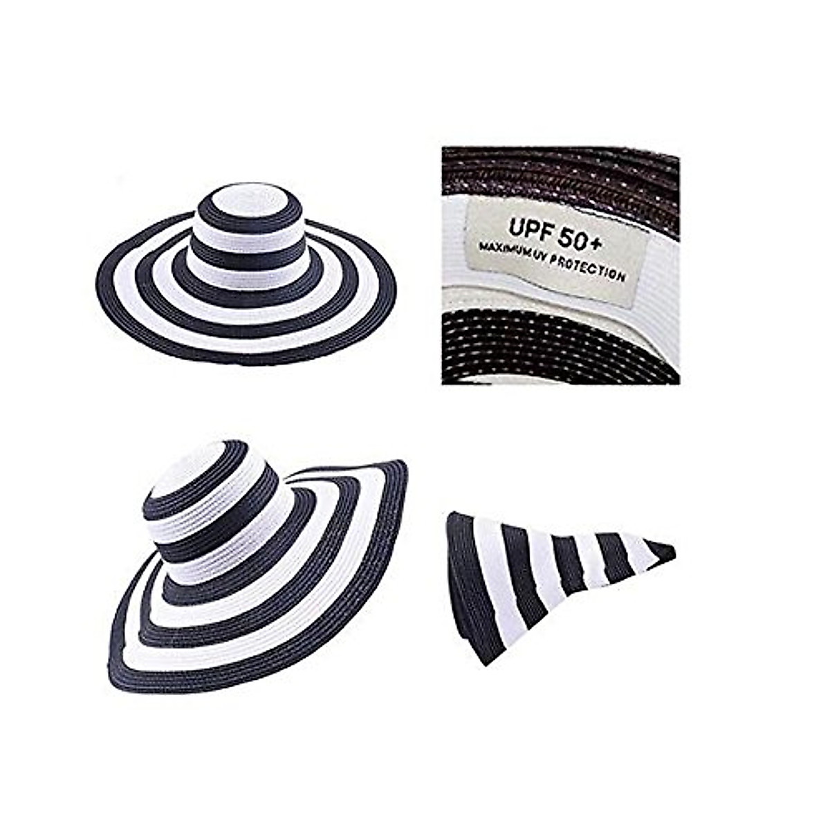 Women's Beachwear Sun Hat Black and White Striped Straw Hat Floppy Beach Hat Foldable Wide Brim Cap