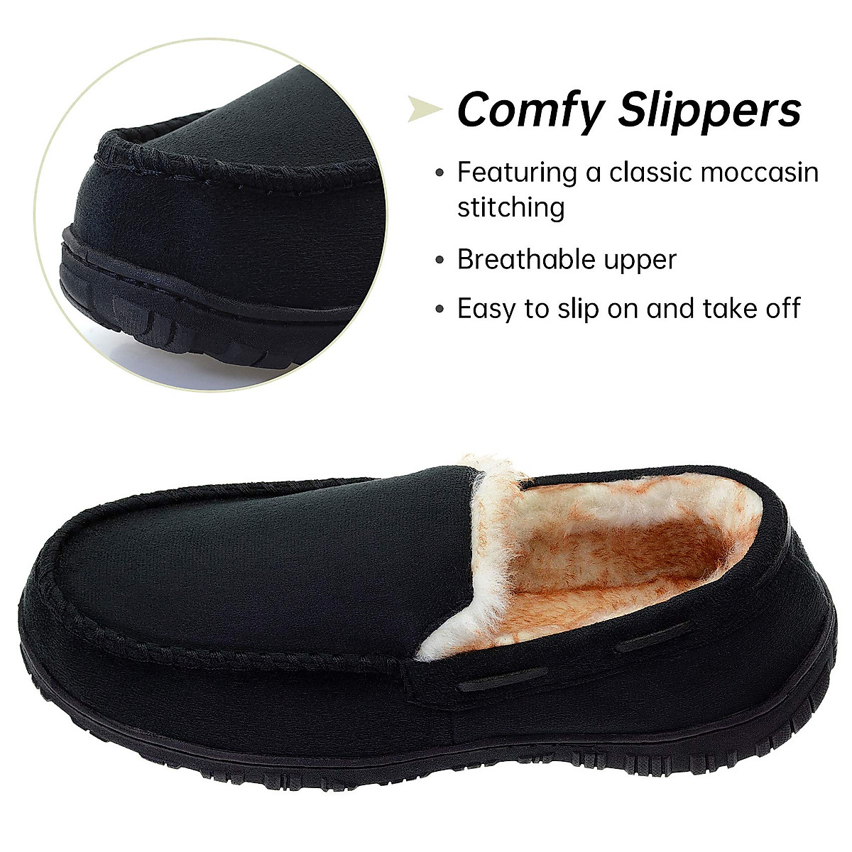Vonair Mens Moccasin Slippers Indoor Outdoor Slip on Warm House Shoes Breathable Moccasins for Men 11 US Black