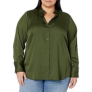 Amazon Essentials Women's Classic-Fit Satin Button Down Blouse (Available in Plus Size), Dark Olive, Medium