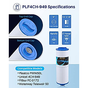 POOLPURE 4CH-949 Spa Filter Replaces Pleatco PWW50L, Filbur FC-0172, SD-01143, 817-4050, Rising Dragon 50, Waterway Teleweir 50 sqft Filter Cartridge 1 Pack