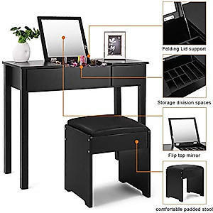 Vanity Table with Flip Top Mirror, Solid Wood Makeup Dressing Table , Writing Desk with Cushioned Stool Set, 2 Drawers for Different Sized Makeup Accessories, Bedroom Bathroom Organizers (Black)