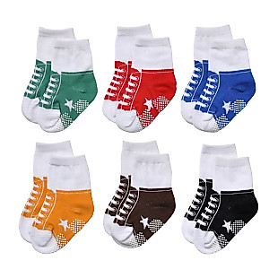 EPEIUS Unisex Baby Non-Slip Socks Like Shoes Infant Boys/Girls Anti Slip Booties for 0-6 Months (Set of 6),Black/White/Blue/Yellow/Brown/Green