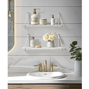 Afuly White Shelves for Wall, Floating Shelf Bathroom, Wall Mounted Shelves for Bedroom Living Room, Over Toilet Shelves Storage Display Organizer Modern Home Decor, 16inch Set of 2