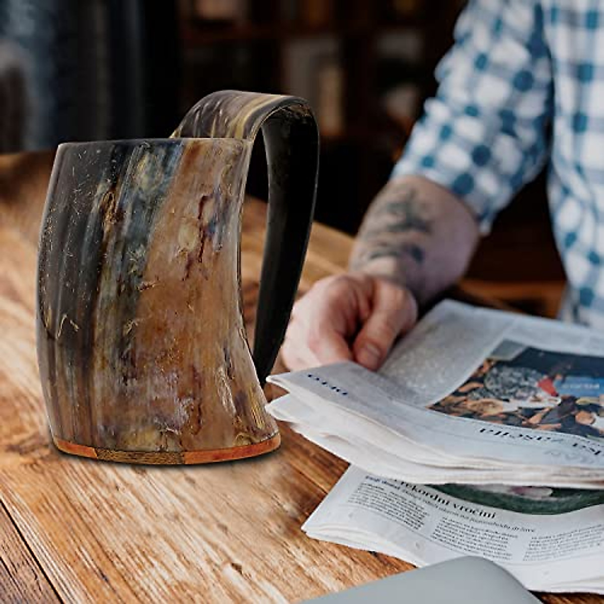 Eleet Original Viking Drinking Horn Mug - 20 Oz Wood Base Extra Large Medieval Inspired Cup Unpolished Natural & Real Horn Tankard (20 Oz Jumbo Unpolished)