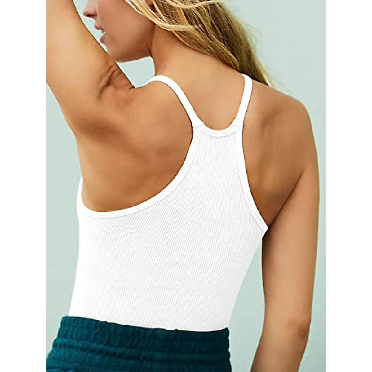 LASLULU Womens Sports Bra Halter Neck Crop Tops Seamless Casual Camisole Longline Running Athletic Bra Cropped Tops(White Large)