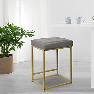 GIA 24-Inch Counter Height Square Metal Stool with Footrest and Tufted Gray Vegan Leather Upholstery, Gold Frame, Qty of 1