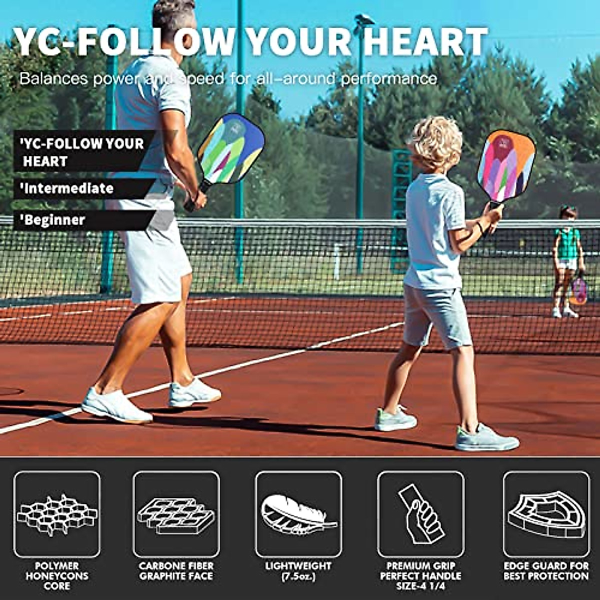 Graphite Pickleball Paddles Set of 6, 2024 USAPA Approved, 2 Kids & 4 Adult Paddles, Fiberglass Surface (CHS), Polypropylene Lightweight Honeycomb Core, 6 Pickleball, 4 Replacement Soft Grip + Bag