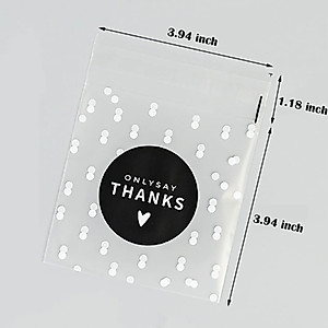 Self Adhesive Cookie Bags Cellophane Treat Bags, White polka dots with Black and White “Thanks” Print for Party Gift Giving Bakery Candy Cookie (100 Pcs, 3.94 x 3.94 Inches)