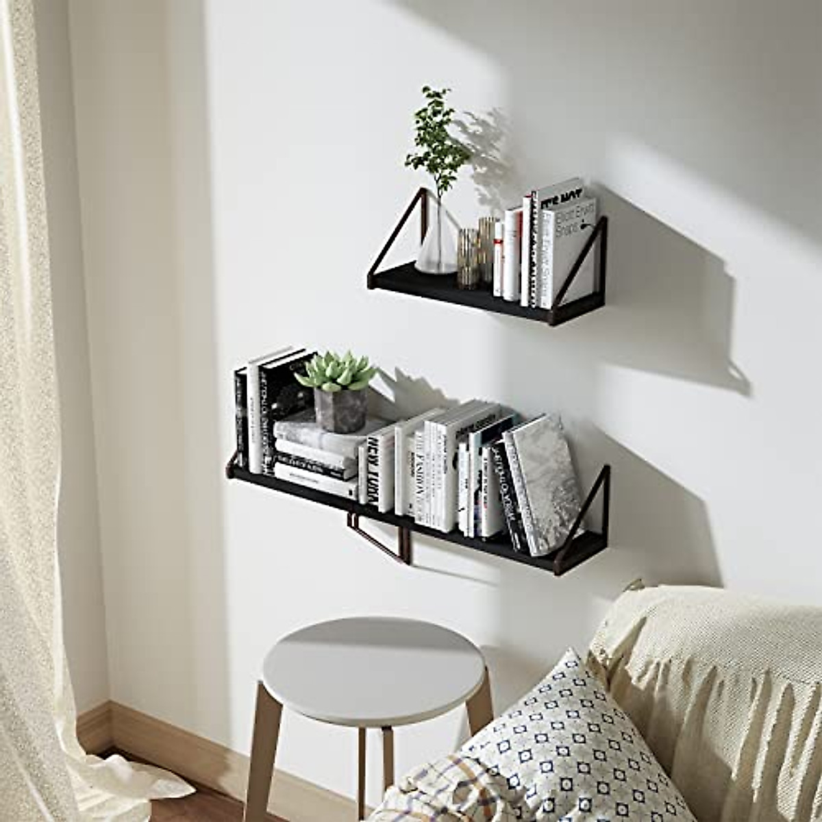 Love-KANKEI Floating Shelves Rustic Shelves Wall Mounted Set of 3 Wall Storage Shelves for Living Room, Bedroom, Kitchen Black/Brown Brackets