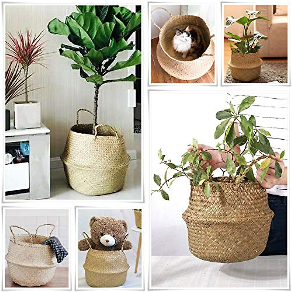 BeeGreeny Seagrass Belly Basket | Handwoven Foldable Storage Basket with Handles for Laundry, Picnic, Pot Cover, Decor | Natural, Eco-Friendly Household Items
