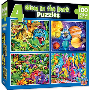 MasterPieces – Jigsaw Puzzle Set for Kids 6+ Years, 4-Pack of 100 Pieces, Educational and Fun Game, Blue Glow in The Dark Collection, Gift Idea for Children, 8" x 10