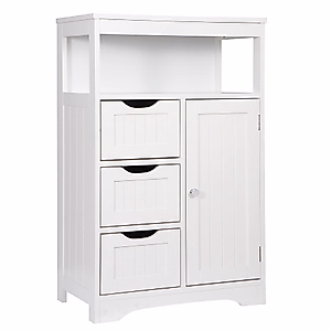 SUPER DEAL Modern Bathroom Floor Storage Cabinet with 3 Drawers and Adjustable Shelf, Living Room Modern Home Furniture Storage Organizer Cabinet, White
