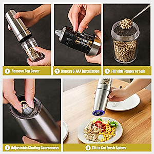 AVNICUD Electric Salt and Pepper Grinder, Automatic Pepper Mill, Gravity Salt Grinder, Battery-Operated with Adjustable Coarseness, LED Light, One Hand Operated (Silver 2Pack)