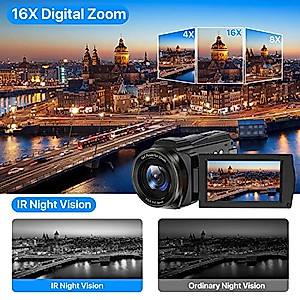 4K Video Camera Camcorder 48MP UHD WiFi IR Night Vision Vlogging Camera for YouTube 16X Digital Zoom Touch Screen Camera Recorder with Microphone, Handheld Stabilizer, Lens Hood, Remote,2 Batteries