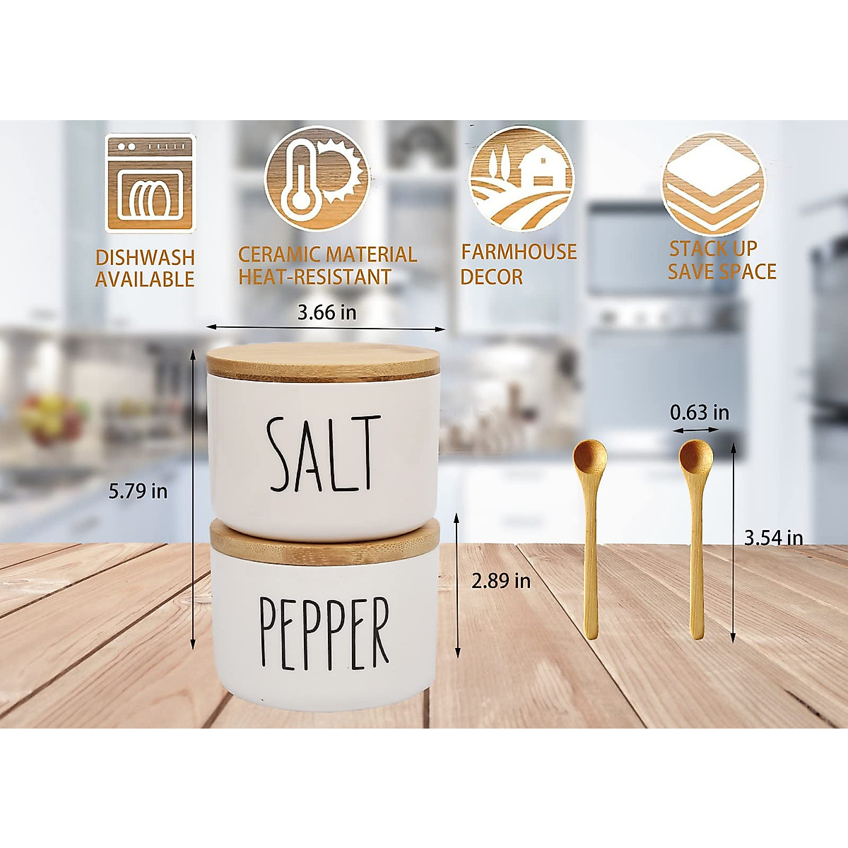 VICUKIE Farmhouse Salt And Pepper Bowls,Stacked Ceramic Salt Cellar With Bamboo Lid, Salt Container With Lid And Spoon, Modern Farmhouse Kitchen Decor, Salt Box, Spice Box (WHITE AND WHITE)