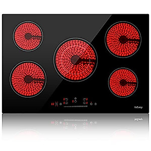 Electric Cooktop 30 Inch, IsEasy Ceramic Cooktop 5 Burners Electric Stove Top Built-in Countertop 8200W Electric Radiant Cooktop with 9 Heating Level, 220-240V, Hard Wire, No Plug