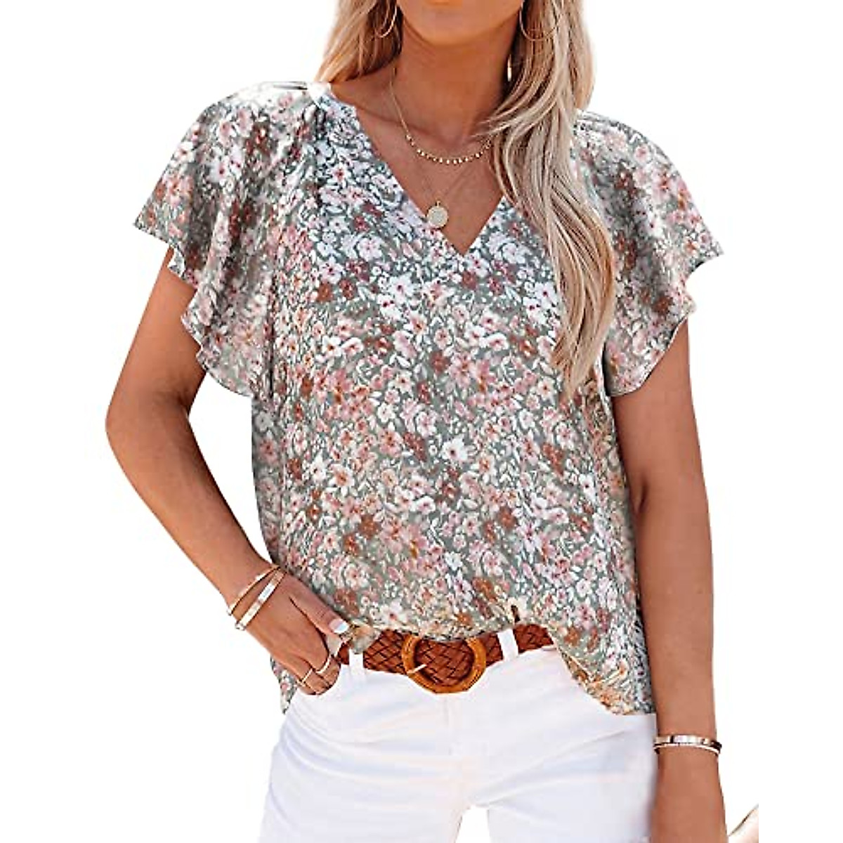 BTFBM Women Casual Boho Floral Blouse Shirts V Neck Long Puff Sleeve Lightweight Chiffon 2023 Fashion Summer Fall Tops(Short Floral Multicolor, Medium)