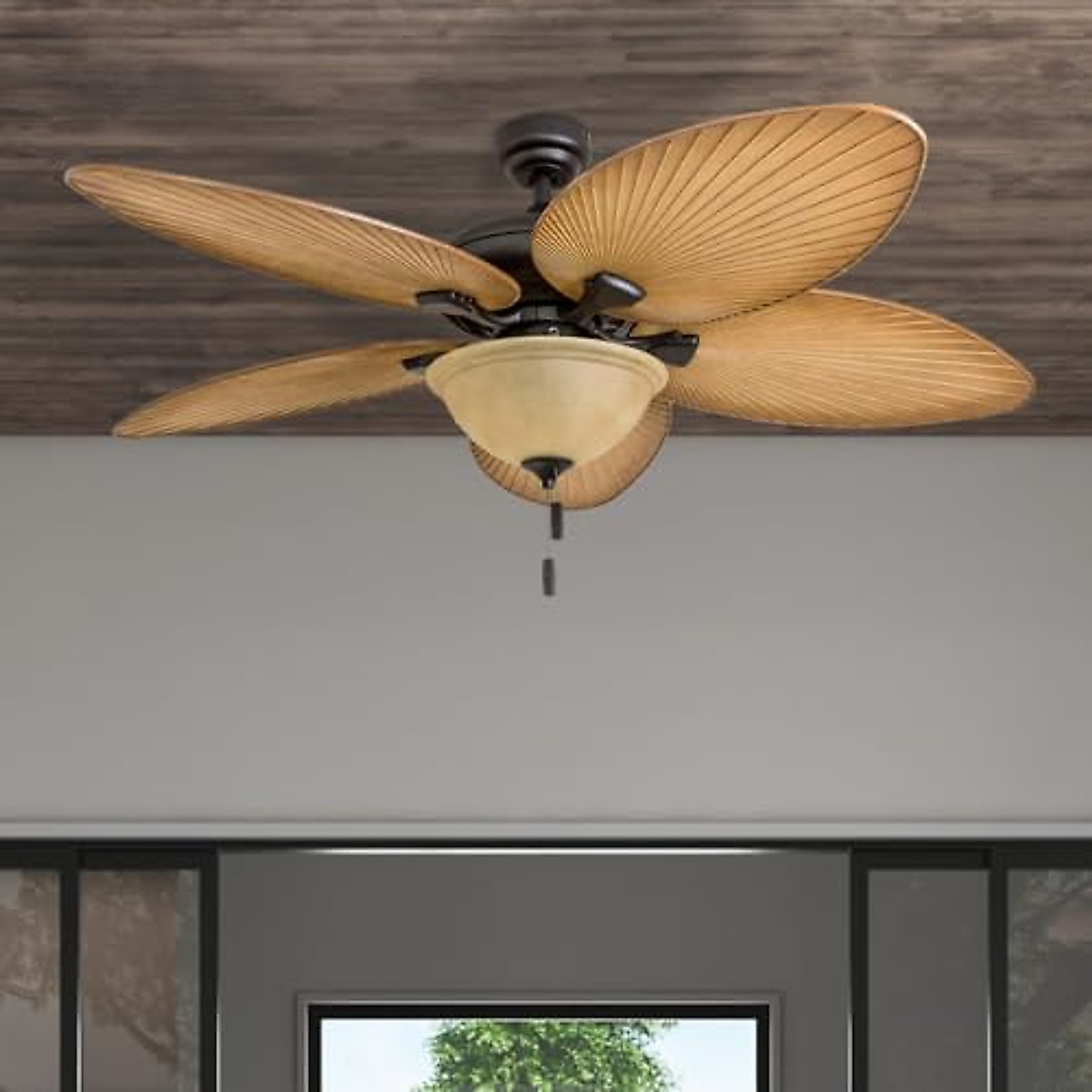 Honeywell Ceiling Fans Palm Valley, 52 Inch Tropical Indoor Outdoor Ceiling Fan with Light, Pull Chain, Three Mounting Options, 5 Palm Leaf Blades, Reversible Motor - 50507-01 (Bronze)