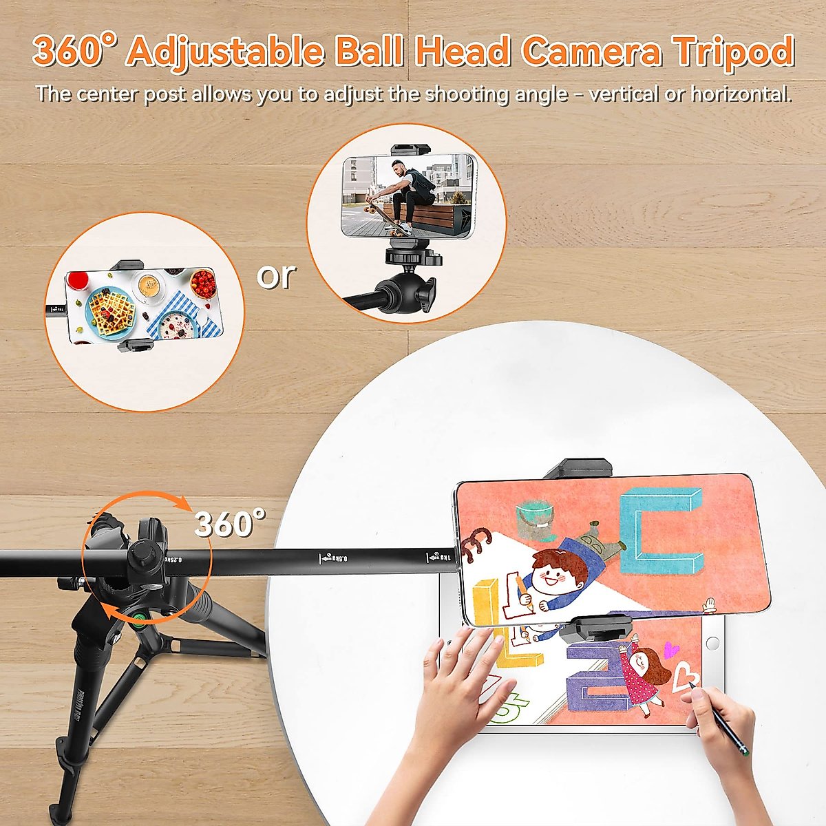 PHOSNOVA 68" Cell Phone Tripod,Overhead Camera Tripod Stand with Remote,360° Rotation Horizontal Extendable Arm iPhone Stand for Recording/Webcam