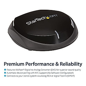 StarTech.com Bluetooth Audio Receiver with NFC - 3.5mm Jack/RCA/SPDIF (Toslink) - BT 5.0 - HiFi Wolfson DAC - Bluetooth Stereo Receiver for Speakers/PC/TV - Wireless Bluetooth Aux Adapter (BT52A)