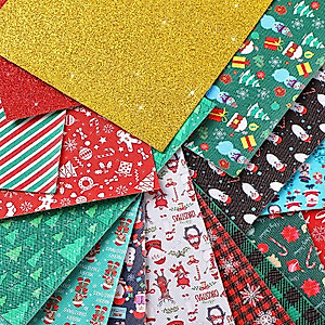 20 Pieces Christmas Faux Leather Sheets Christmas Theme Printed Synthetic Leather Sheet Glitter Faux Leather Fabric Sheet Santa Claus Faux Leather Sheet for DIY Christmas Craft Making, 8.3 x 6.3 Inch
