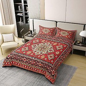 Erosebridal Pure Cotton Boho Tribal Duvet Cover Queen, Retro Exotic Bedding Set, Vintage Lattice Bohemian Comforter Cover, Red Antique Grid Damask Inspired Medallion Egyptian Quilt Cover