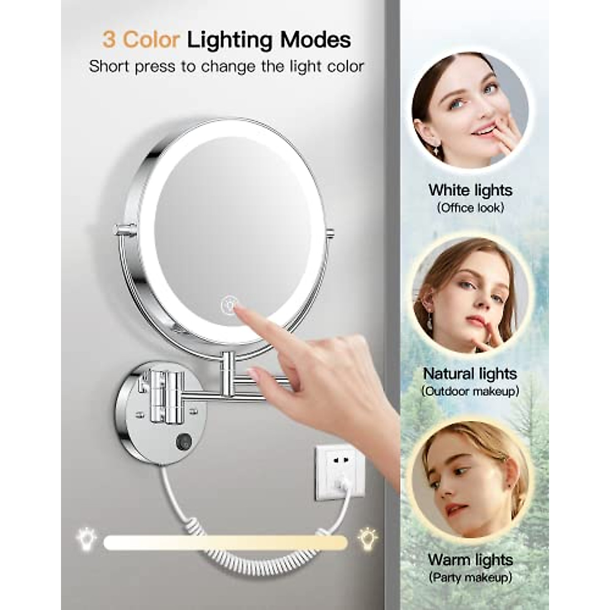 Gospire 9” Wall Mounted Lighted Makeup Vanity Mirror with 3 Color Lights & Stepless Dimming, 1X/10X Magnifying LED Double Sided Bathroom Touch Sensor Extendable Arm 360° Swivel Shaving Cosmetic Mirror