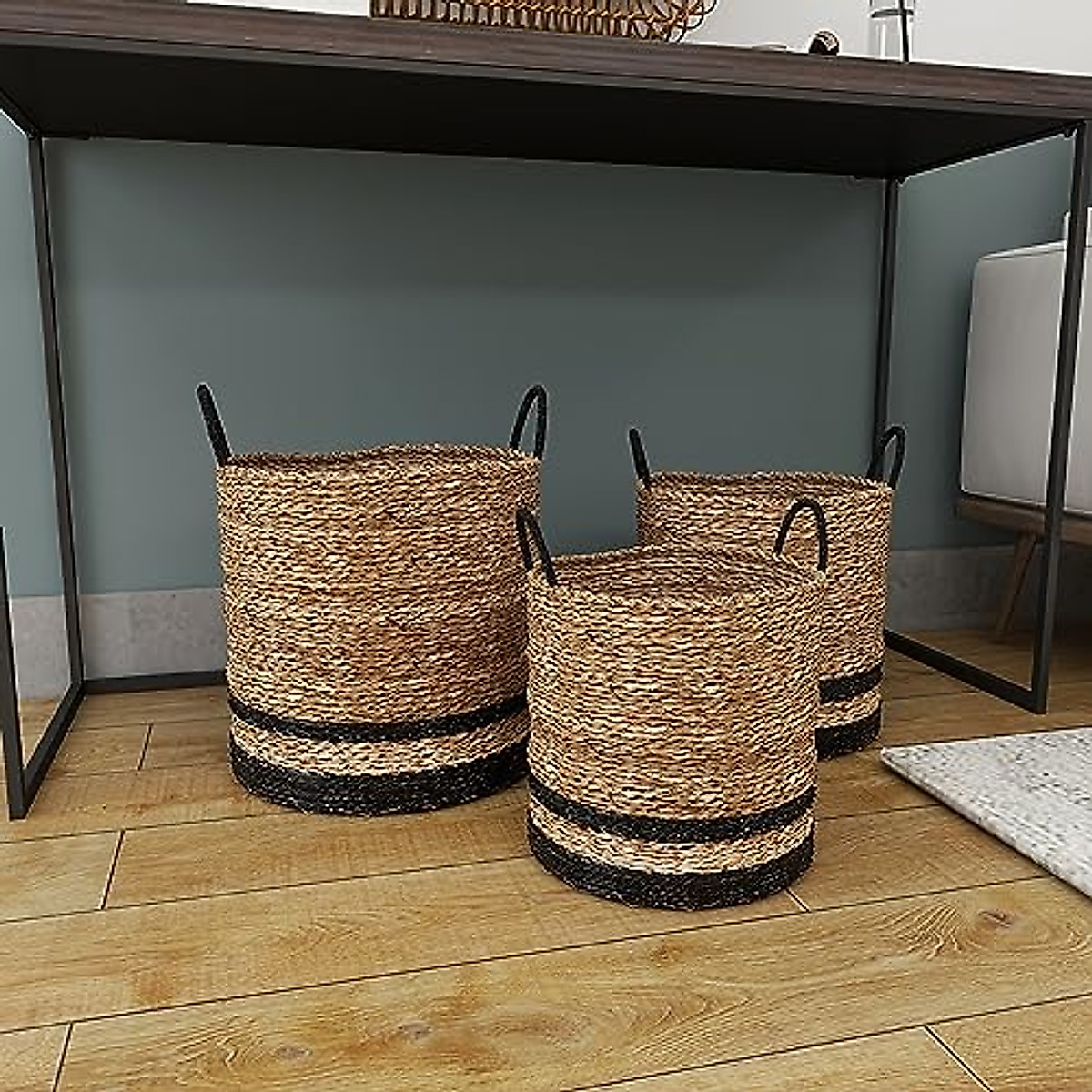 Deco 79 Seagrass Round Storage Basket with Handles, Set of 3 18", 17", 14"H, Black