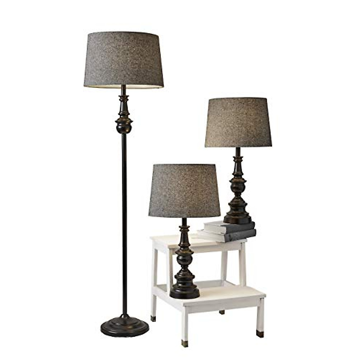 Adesso 1591-01 Classic Set Containing Matching Floor Two Table Lamps, 16" x 16" x 60", Black