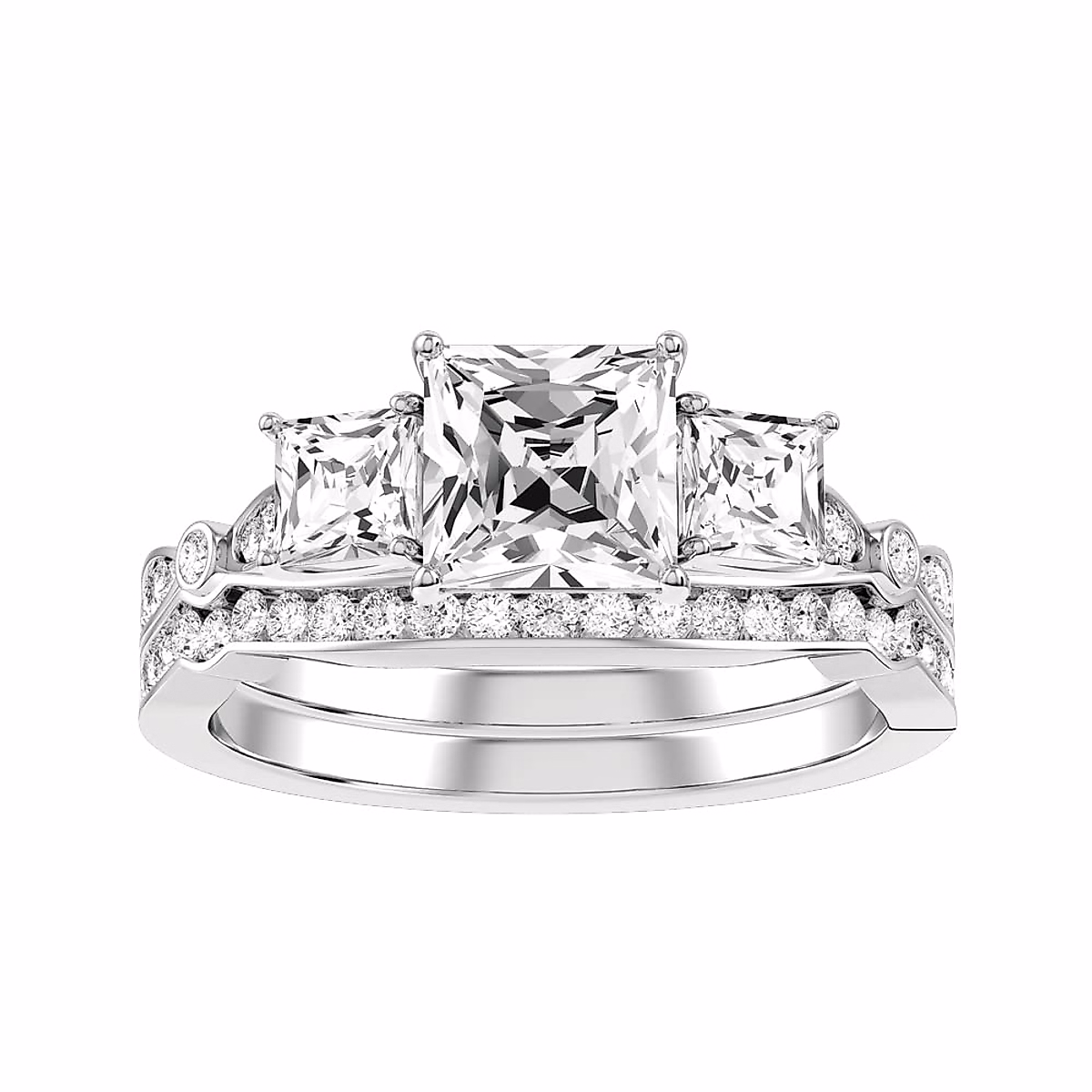 1.7 CT 3-Stone Princess Cut Bridal Set Moissanite engagement rings for women 10K 14k 18K gold ring Platinum Plated Silver Princess moissanite rings 4108