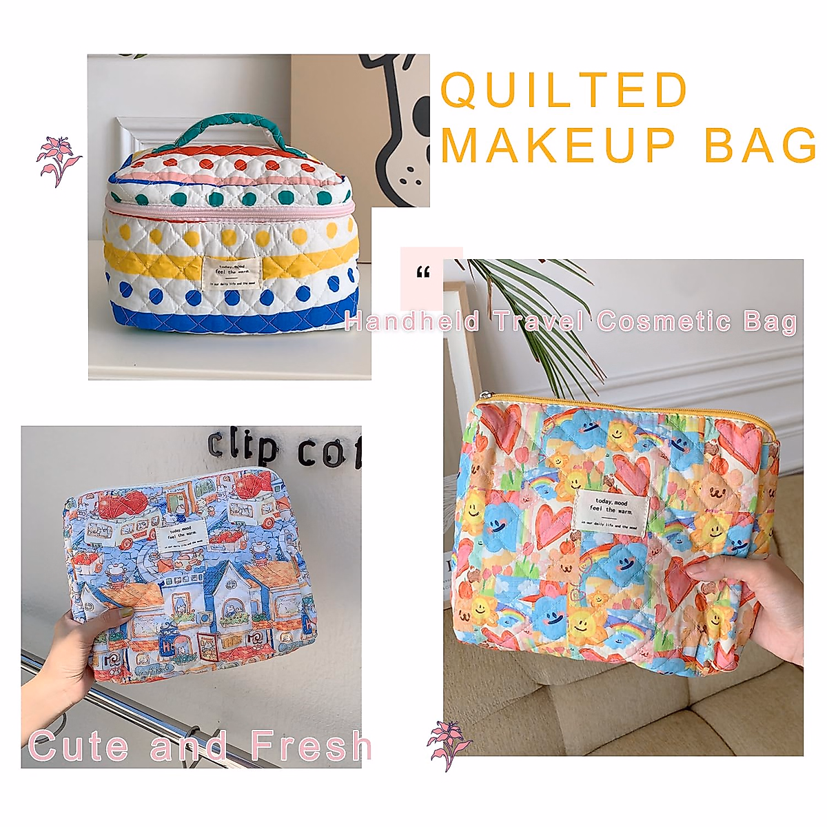 Cotton Quilted Makeup Bag Cut Cosmetic Pouch Large Capacity Flap Handheld Travel Cosmetic Bag Kawaii Coquette Aesthetic Floral Toiletry Bag for Women (Colourful Dots)
