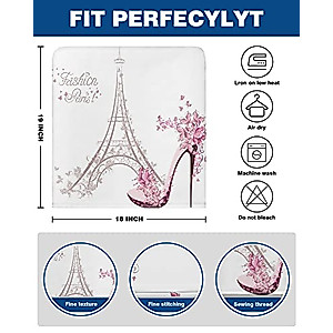 Maliyand Chair Back Cover, Pink Paris Eiffel Tower High Heel Flower Chair Covers Removable Chair Protector Slipcover for Dining Room, Kitchen, Restaurant, Set of 8