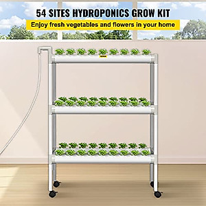VEVOR Hydroponics Growing System, 54 Sites 6 Food-Grade PVC-U Pipes, 3 Layers Indoor Planting Kit with Water Pump, Timer, Nest Basket, Sponge for Fruits, Vegetables, Herb, White