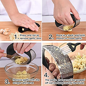 Garlic Press Rocker Stainless Steel Garlic Mincer Garlic Crusher Garlic Chopper with Peeler and Scraper Brush for Smash Garlic