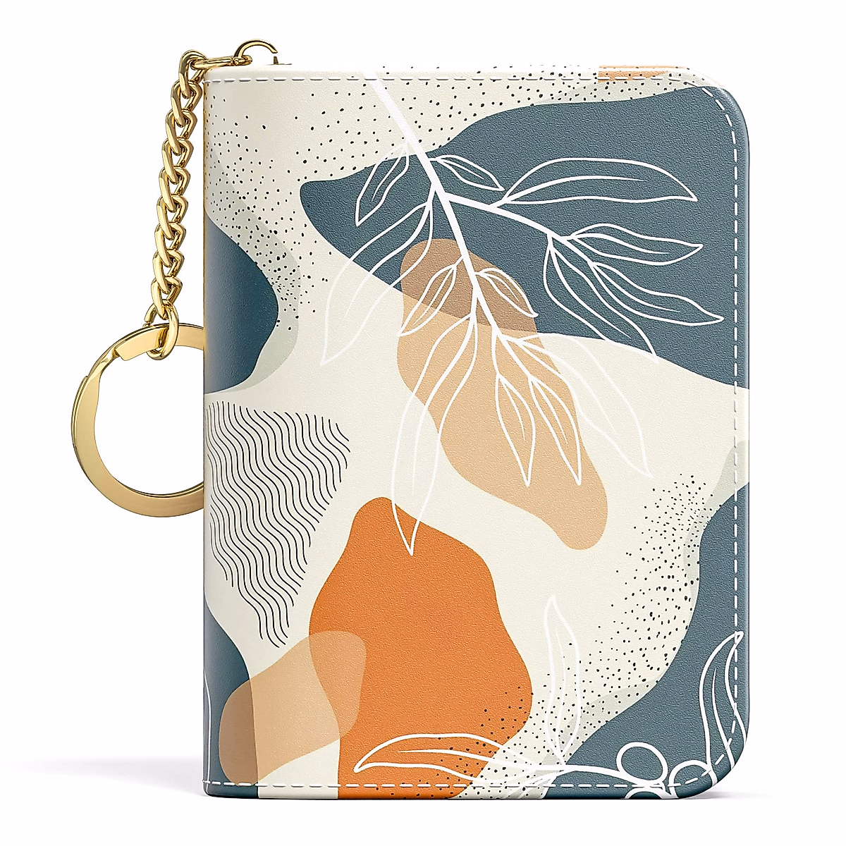 Aiawoxc Credit Card Holder, Small RFID Card Wallet Slim Leather Card Organizer Case with Zipper & Keychain, Abstract Boho Leaves