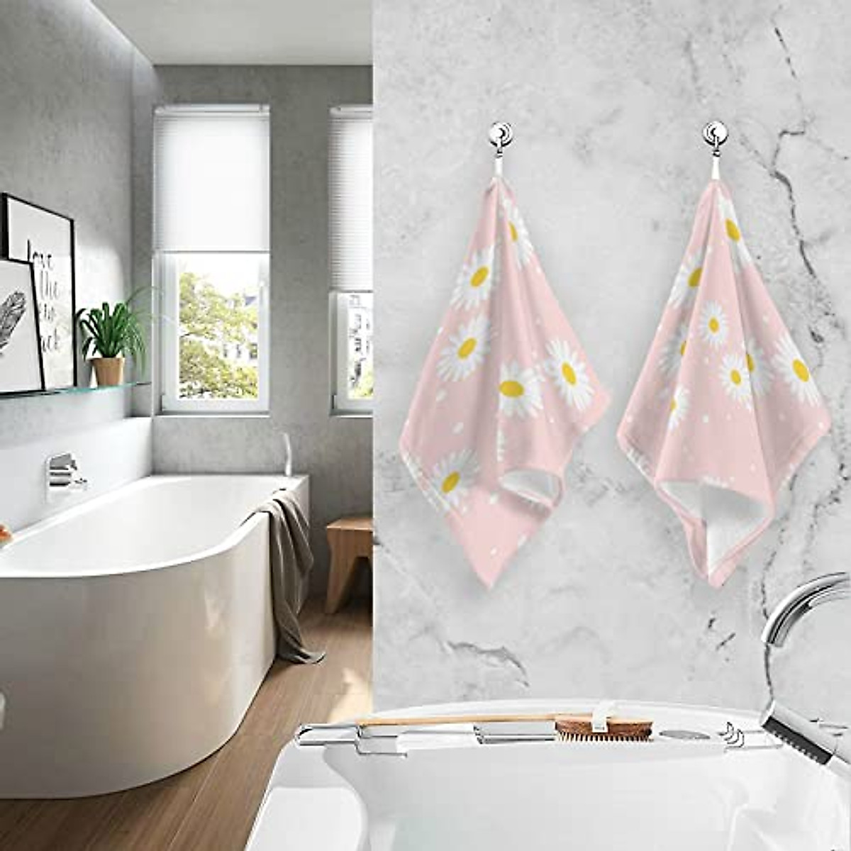 Pink Daisy Hand Towels Set of 2, Highly Absorbent Soft Cotton Face Towels Bathroom Decorative Towel for Beach Gym Spa Shower, 16x28In