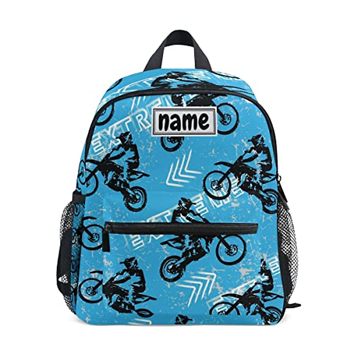 Glaphy Custom Kid's Name Backpack, Motocross Sports Motorcycle Vehicle Blue Toddler Backpack for Daycare Travel Personalized Name Preschool Bookbag for Boys Girls