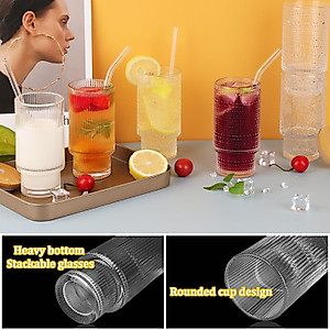 SogYupk Glass Cups Set with Straw/Bamboo Lid,12 oz Stackable Serving Drinking Glasses, Ideal for Whiskey/Cocktails/Juice/Coffee/Beer, Dishwasher Safe,3 Patterns of Vintage Glassware Sets.(6 Pcs)