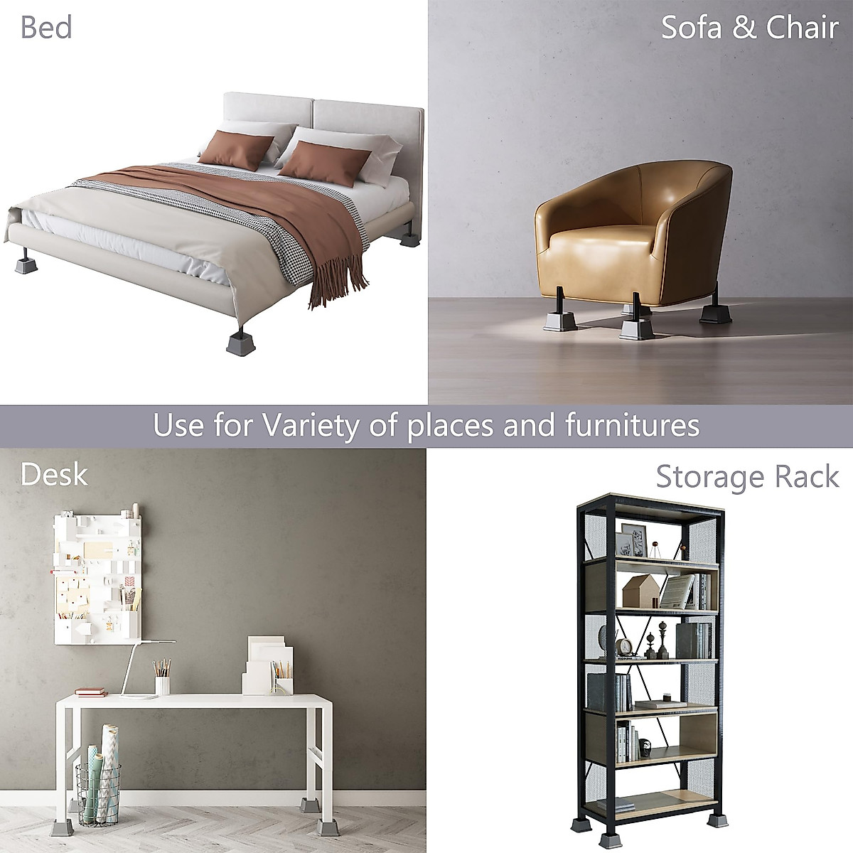 Napnapday Bed Risers 2 Inch Heavy Duty Bed Furniture Elevators, 1,500 lbs Lifts Up Riser for Sofa and Table Set of 4, Grey